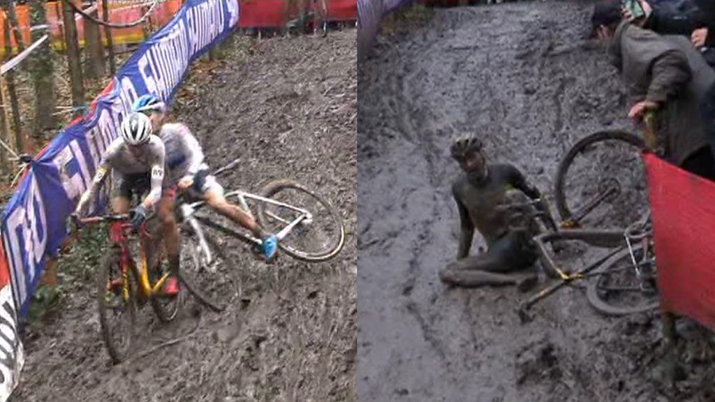 Watch: Mud causes chaos at Cyclo-cross World Cup in Belgium - BBC Sport