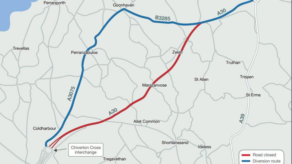 Overnight A30 road closures to cause disruption in Cornwall - BBC News