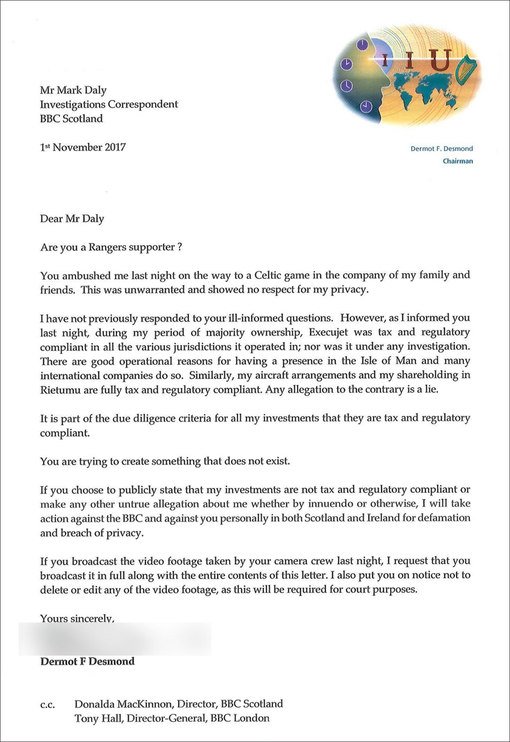 Paradise Papers: Dermot Desmond's letter to the BBC - BBC News