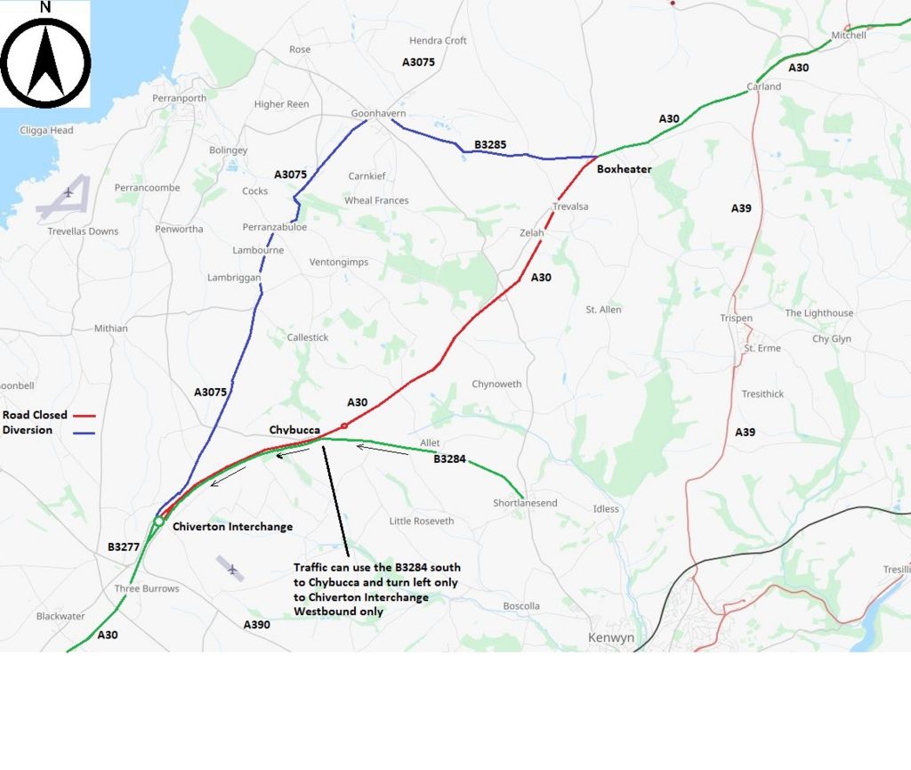 A30 closed at Chybucca and Boxheater for two nights - BBC News