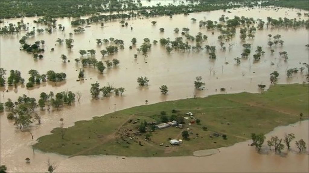 Aerial view of floods in Rockhampton, Queensland, Australia - BBC News