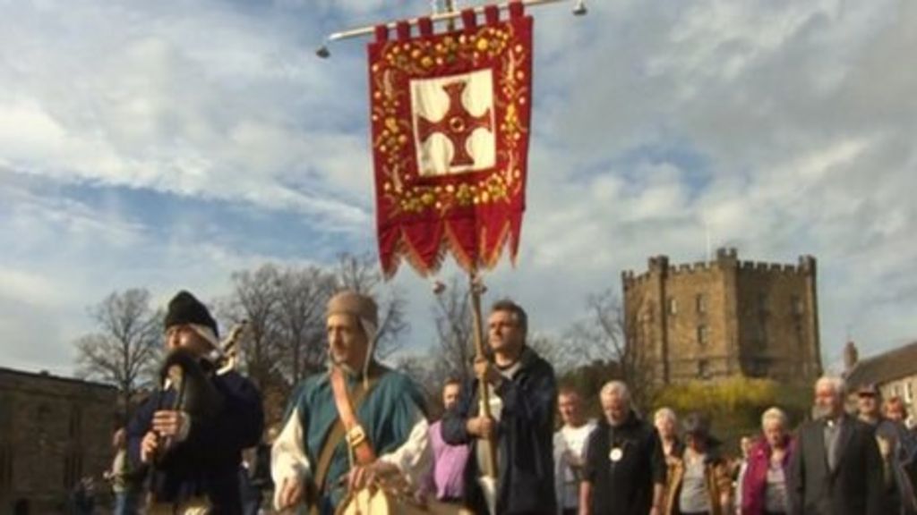 Banner in honour of St Cuthbert placed at his Durham Cathedral tomb ...