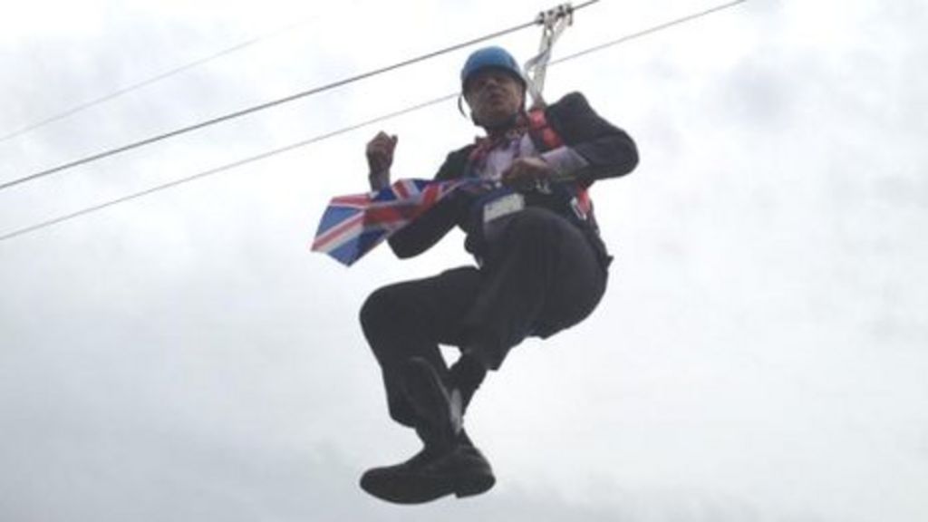 Boris Johnson left hanging on zip wire during Olympic event - BBC News