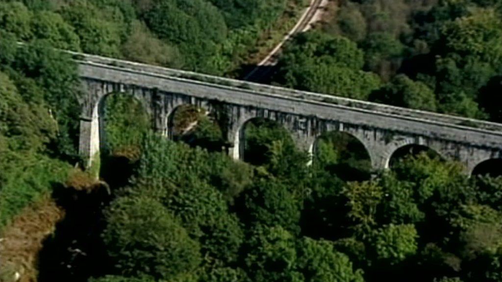 Treffry viaduct cleaned by abseiling engineers - BBC News