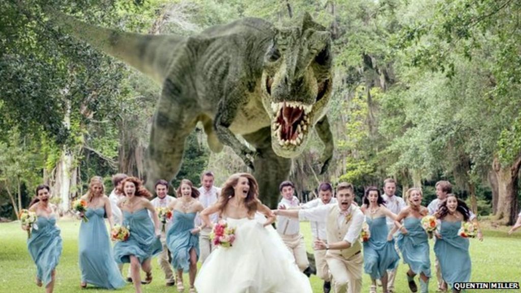 The happy couple... and a Tyrannosaurus Rex - BBC News