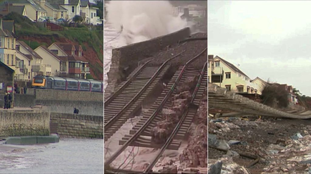 Dawlish rail line before, during and after Feb 2014 storm - BBC News