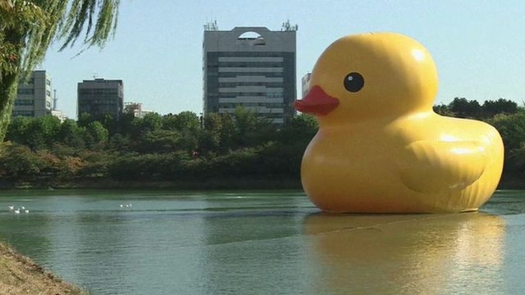 Onlookers gather as giant yellow duck arrives in Seoul - BBC News