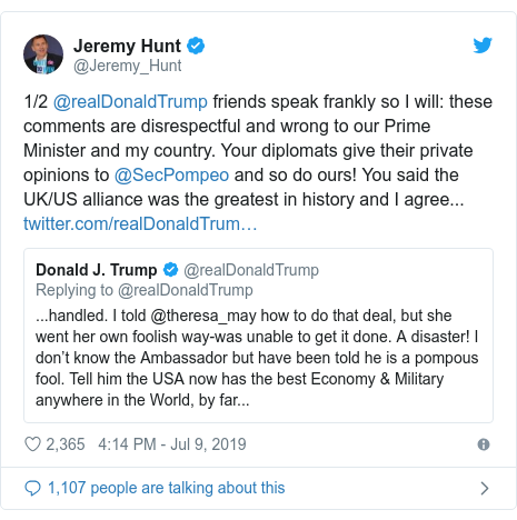 Trump 'disrespectful' to PM and UK, says Jeremy Hunt - BBC News
