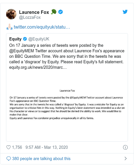 Laurence Fox: Actors union Equity apologises for 'disgrace' tweets - BBC News