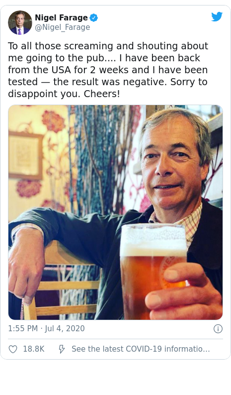 Coronavirus: Nigel Farage pub trip raised with Kent Police - BBC News