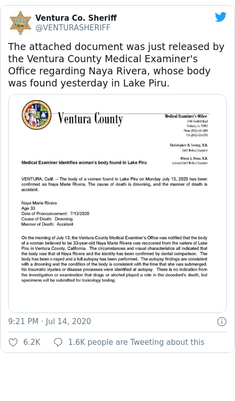 Naya Rivera: Glee star died of accidental drowning, California officials say - BBC News