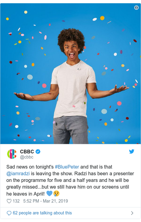 Blue Peter presenter Radzi Chinyanganya to leave show - BBC News
