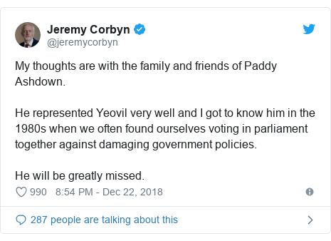 Ex-Lib Dem leader Paddy Ashdown dies aged 77 - BBC News