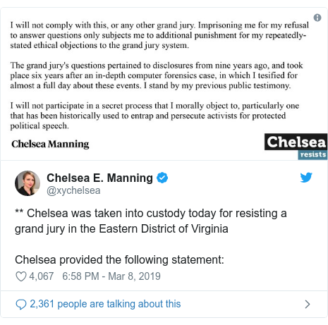 Chelsea Manning: Wikileaks source jailed for refusing to testify - BBC News