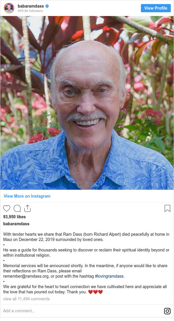US psychedelic pioneer and spiritualist Ram Dass dies aged 88 - BBC News