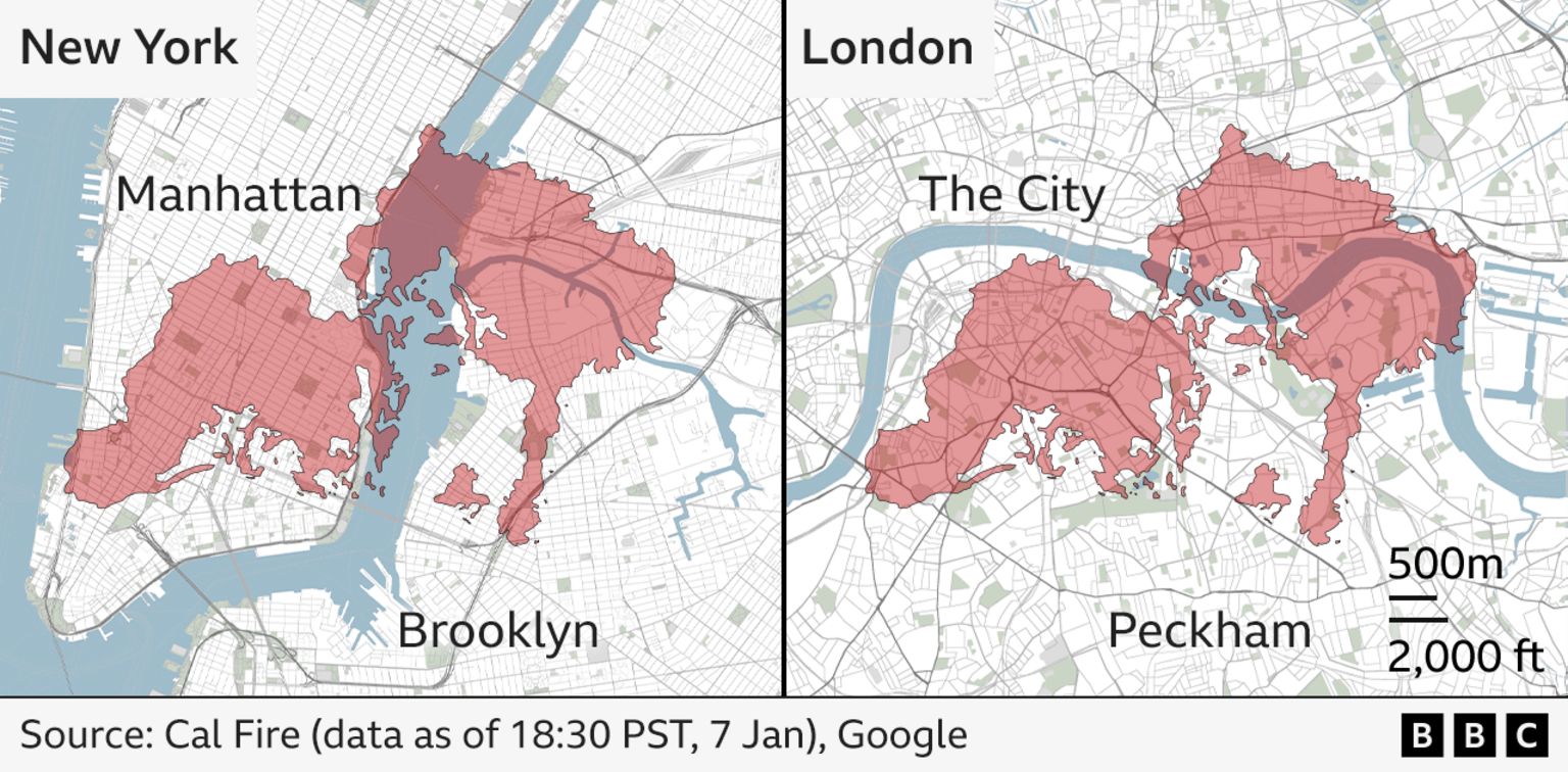 How does the Palisades fire compare in size with New York and London ...
