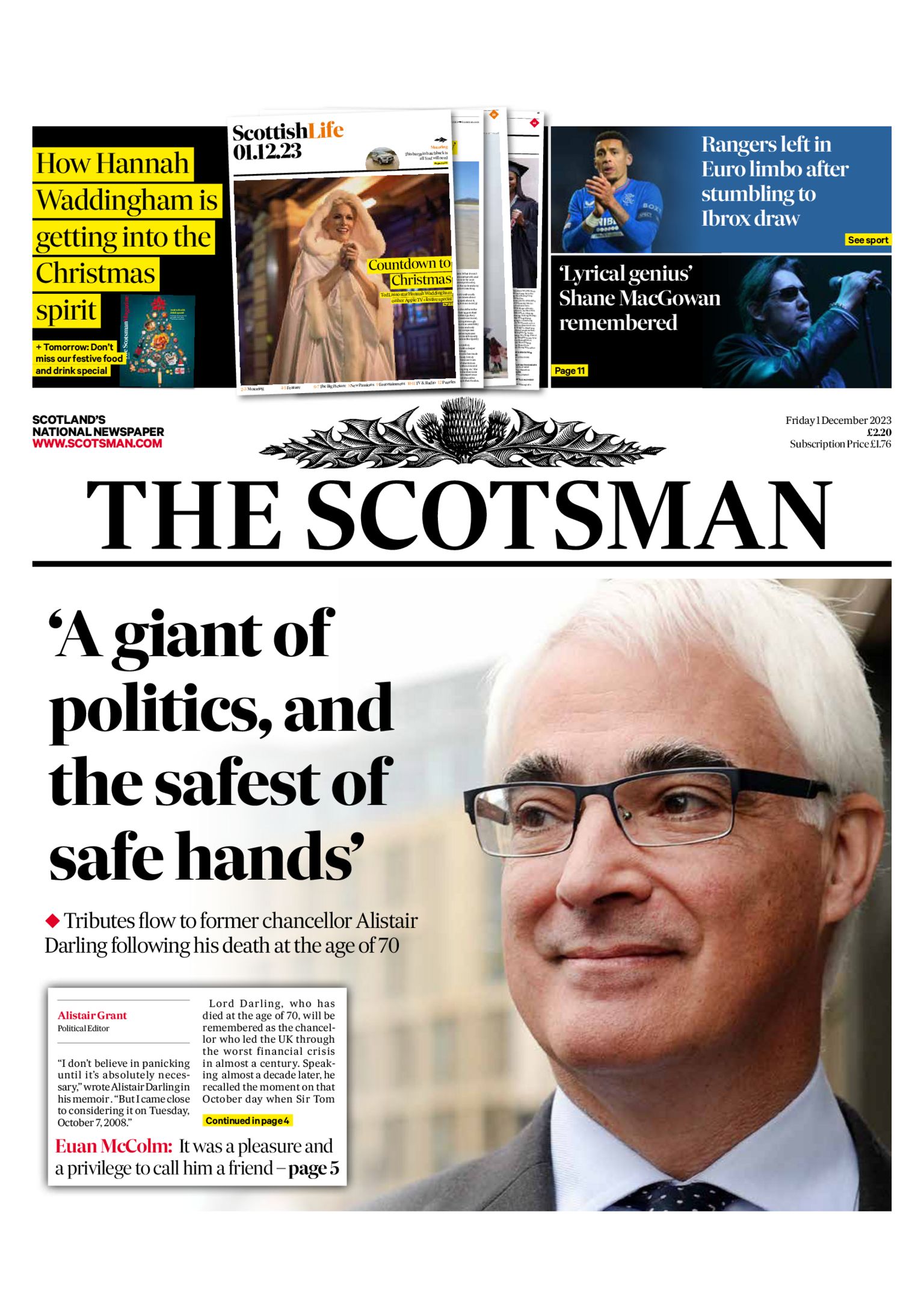 Scotland's papers: Tributes to a 'giant of politics' and a 'hellraiser ...