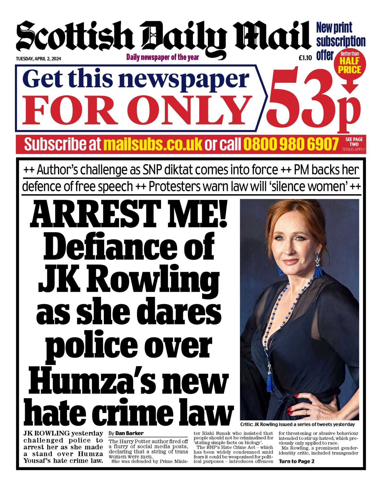 Scotland's papers: Rowling hate crime challenge and child hurt by flare ...
