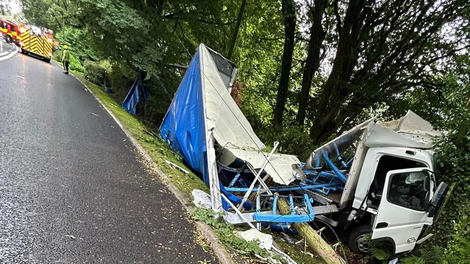 Devon telegraph pole 'completely destroyed' after lorry crash - BBC News