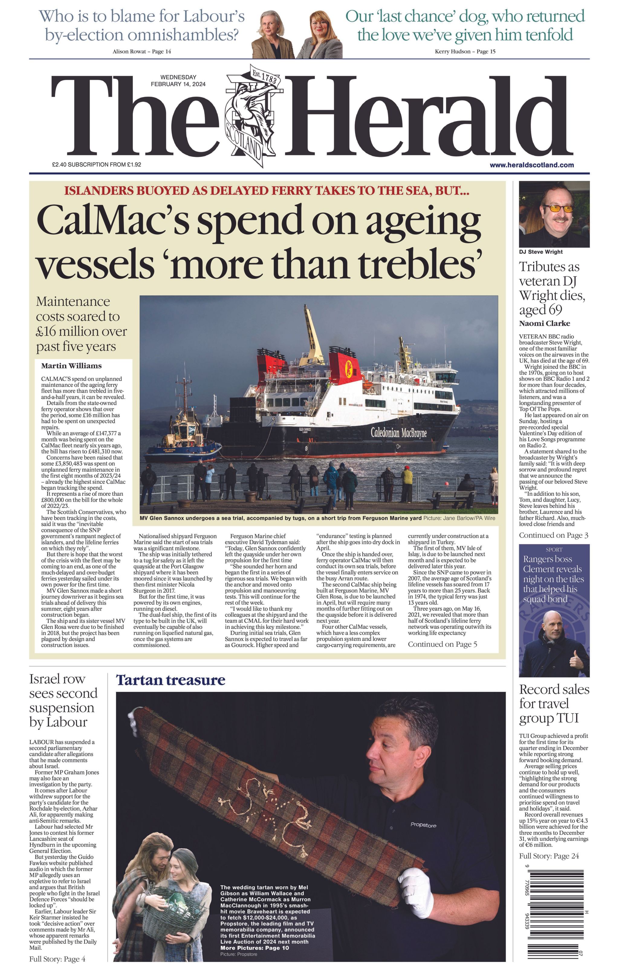 Scotland's papers: Ferries costs soar and death of DJ Wright - BBC News