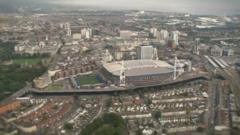 Rugby World Cup: Giant ball 'crashes' into Cardiff Castle - BBC News