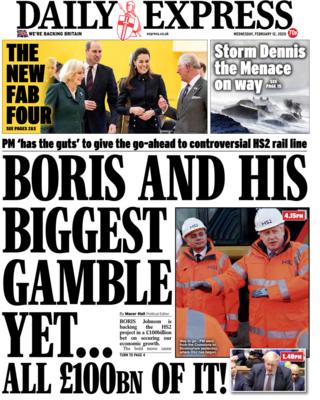 Newspaper headlines: HS2 'gamble' and Storm 'Dennis the Menace' - BBC News