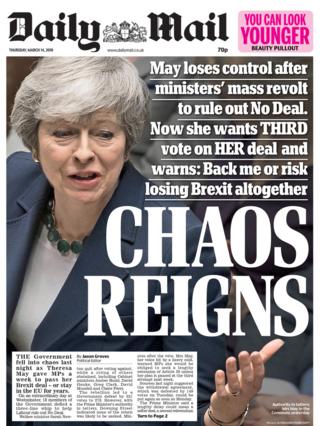 Newspaper headlines: A 'no-no' to no-deal and May's final warning - BBC ...
