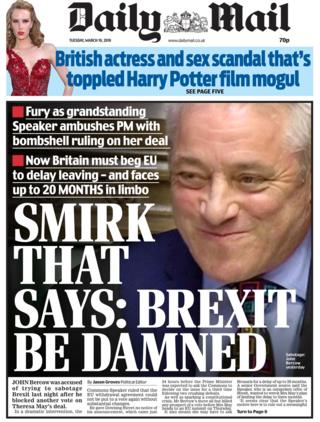 Newspaper headlines: John Bercow's accused of 'destroying Brexit' - BBC ...