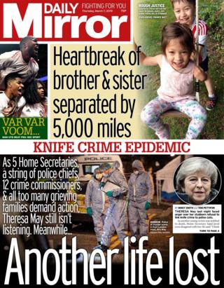 Newspaper headlines: Knife crime 'epidemic' and Brexit vote - BBC News
