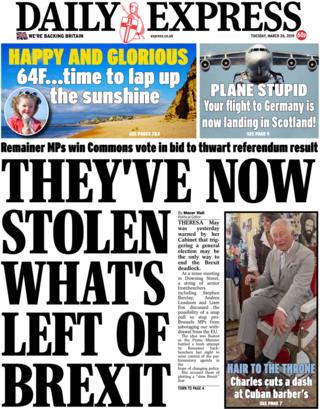 Newspaper headlines: MPs 'seize control of Brexit' - BBC News