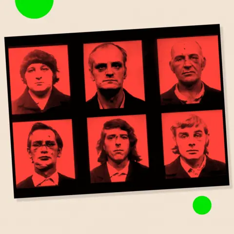 BBC Treated image of the Birmingham Six mug shots