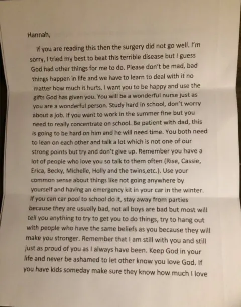 Mum leaves daughter life advice in emotional farewell letter