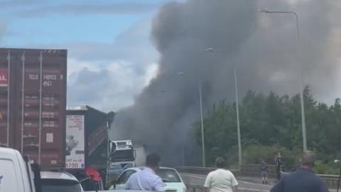 Lorry catches fire in Tamworth A5 crash - BBC News
