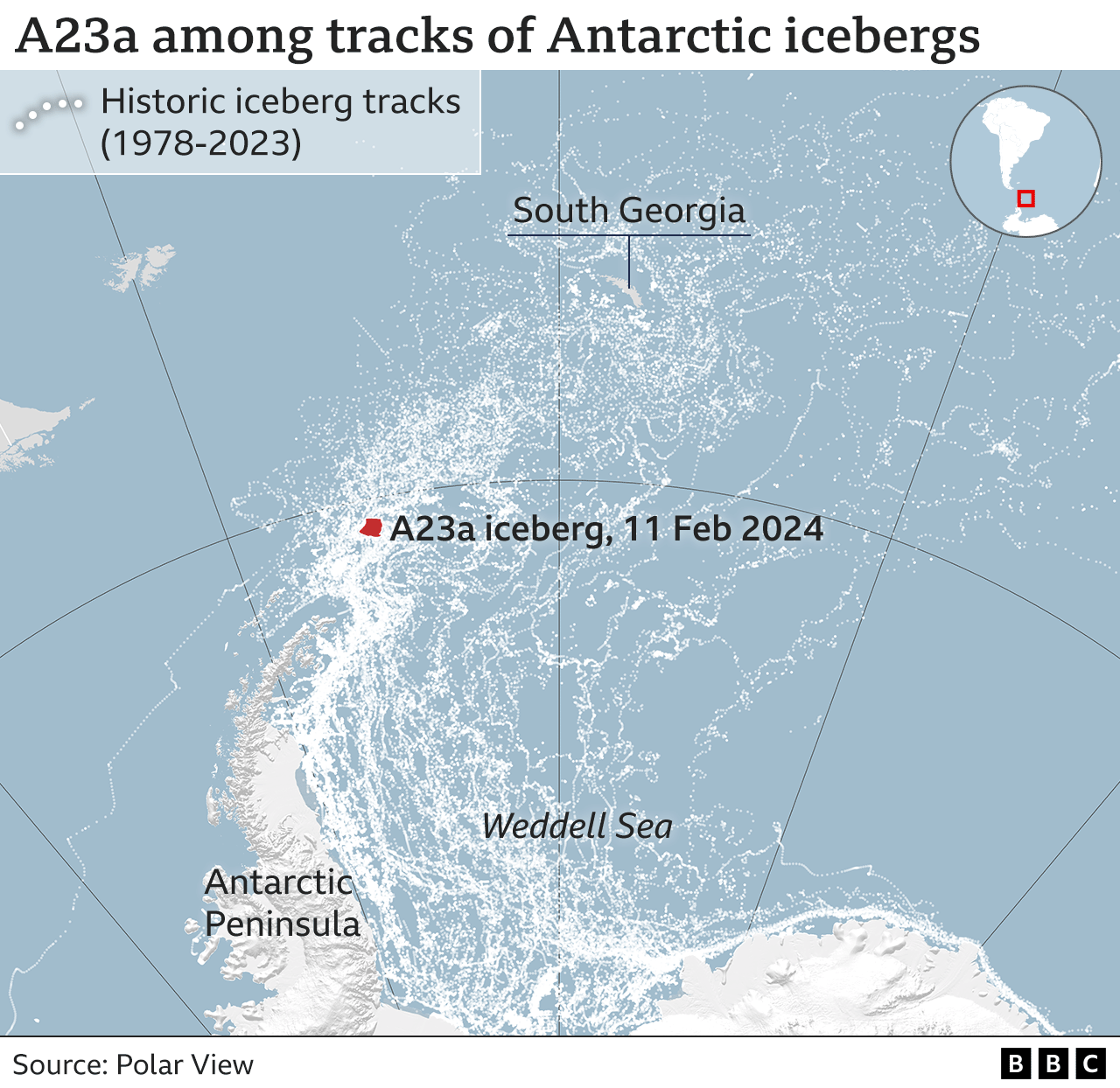 Trillion-tonne iceberg A23a spins on the spot - BBC News