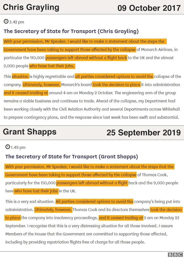 Thomas Cook: Shapps not aware he recycled Grayling speech