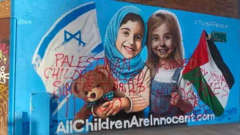 Israel-Gaza peace mural in east London defaced