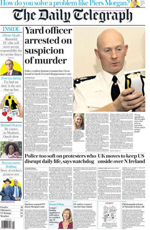 Newspaper headlines: Sarah Everard case and 'fury' over nurses' pay ...