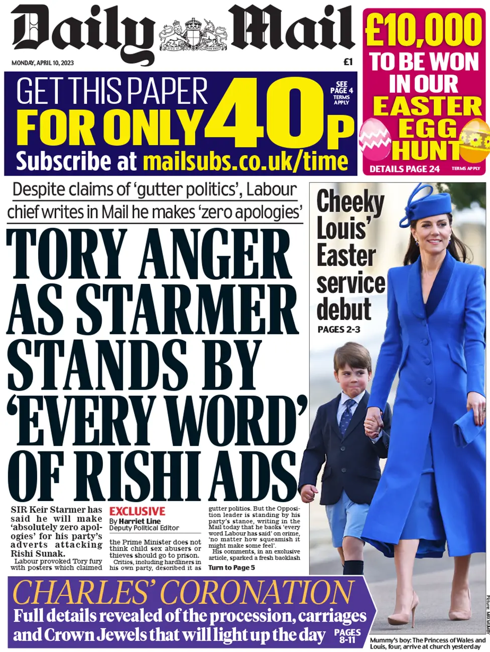 'Starmer backs attack ad' and 'coronation details'