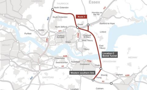 Lower Thames Crossing route between Kent and Essex revealed - BBC News