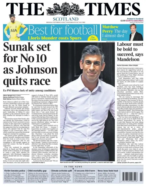 Scotland's papers: Sunak 'set for No 10' as Johnson pulls out