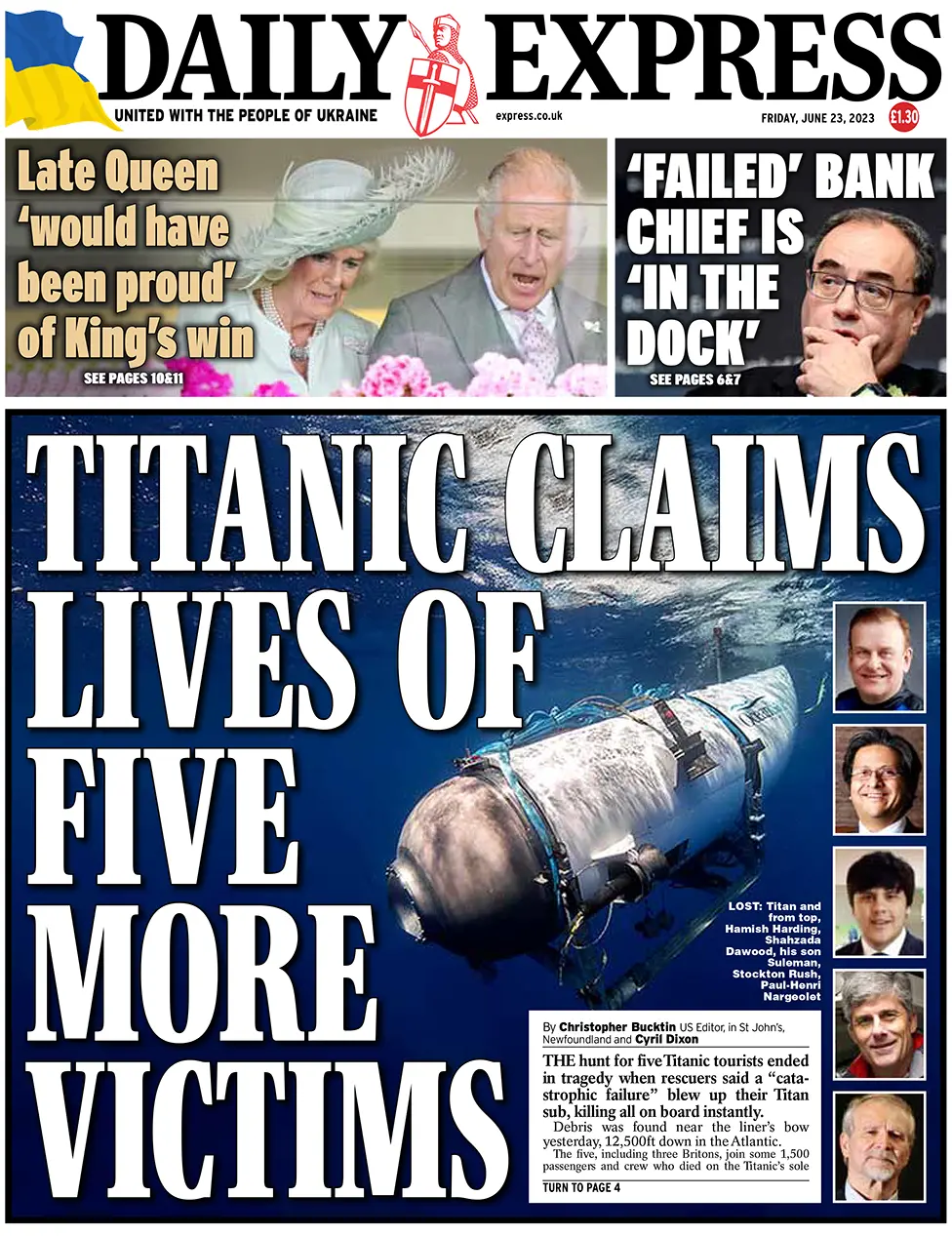 'Titanic claims five more' and 'recession fears'