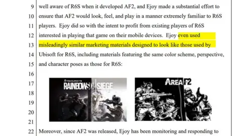 US District Court A highlighted section of a court document shows the allegation that even marketing materials were copied