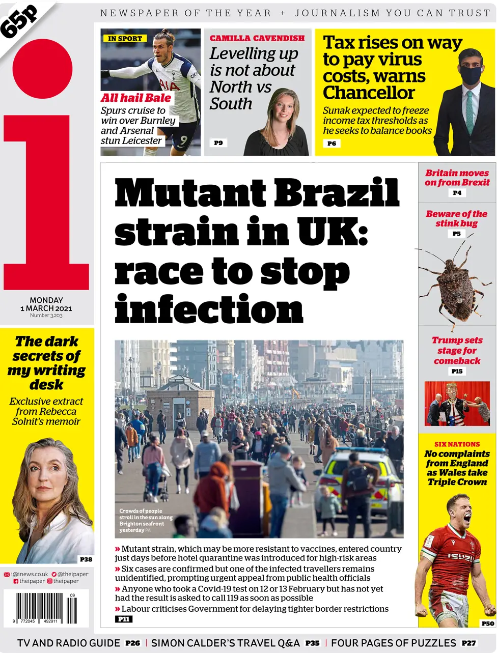 Newspaper headlines: 'Race to stop Brazil variant' and jabs pass 20m