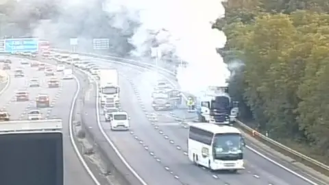 M1 lorry fire closes lanes and causes major tailbacks