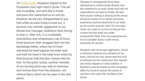 Wargasm singer's head 'held down backstage toilet by bouncers' - BBC News