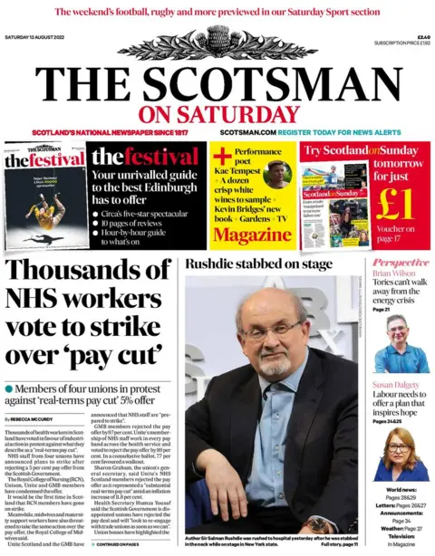 Scotland's papers: Rushdie stabbed in neck and NHS angels strike vote