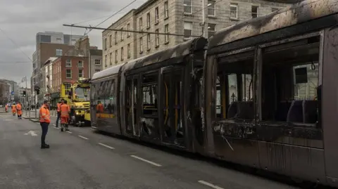 Dublin riots: Man, 61, charged with burning Luas tram