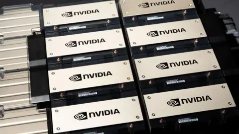 A Nvidia HGX H100 server arranged at the company's headquarters in Santa Clara, California, US.