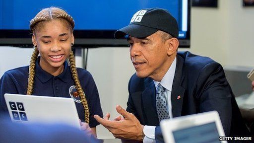 President Obama writes Frozen code with school group - BBC News