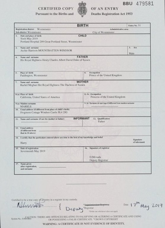 Five Things We Learned From Archie s Birth Certificate BBC News